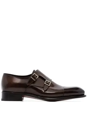 Santoni Double Strap Leather Monk Shoes - Brown