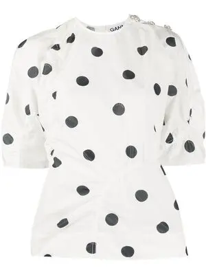 GANNI Polka Dot Gathered Blouse - White