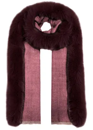 AMA PURE Brown Fur-trimmed Wool Scarf Burgundy