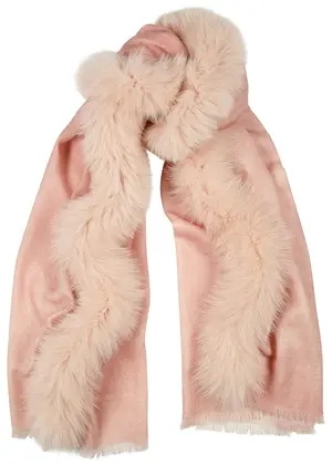 AMA PURE Brown Fur-trimmed Wool Scarf Light Pink