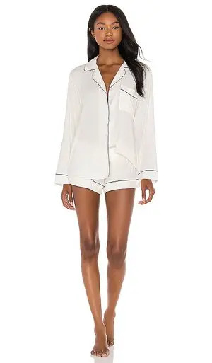 Eberjey Eberjey Gisele Long Sleeve PJ Set In White.  Pure Ivory & Navy