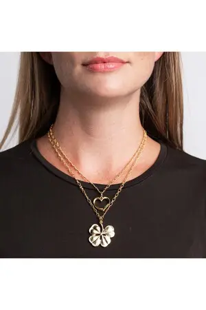 KENNETH JAY LANE Heart And Clover Double Chain Pendant Necklace - Gold