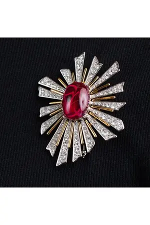KENNETH JAY LANE Ruby Center Sunburst Pin - Gold