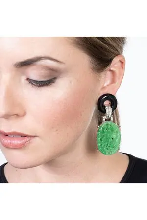 KENNETH JAY LANE Carved Jade Drop Clip Earrings - Black