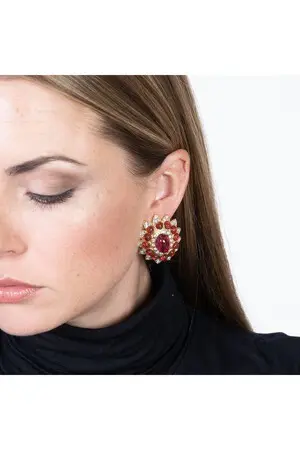 KENNETH JAY LANE Ruby Cabochon Clip Earrings - Gold