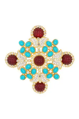 KENNETH JAY LANE Turquoise & Ruby Maltese Cross Pin - Gold
