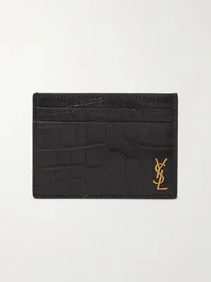 Saint Laurent Logo-appliquéd Croc-effect Leather Cardholder - Black