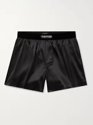 TOM FORD Velvet-trimmed Stretch-silk Satin Boxer Shorts - Black