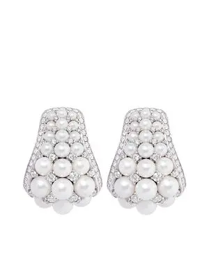 DAVID MORRIS 18kt Diamond And Pearl Hoop Earrings - Silver