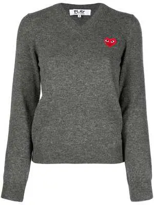 Play Comme Des Garcon Embroidered V-neck Jumper - Grey