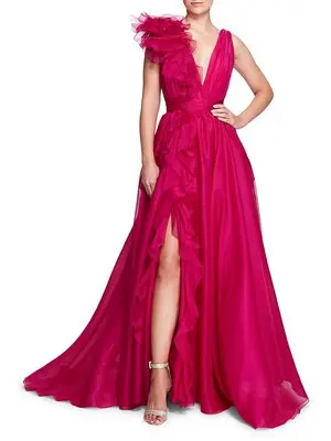 Marchesa Marchesa Women's Rouched Floral Detail Gown - Fuchsia  - Fuchsia