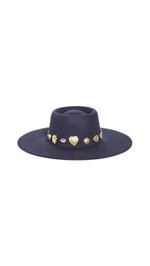 Lack of Color Navy Blue Cosmic Celestial Boater Hat Wool Gold Charms Large 59 cm Lack of Color The Cosmic Boater in Navy – CHROME main image 3