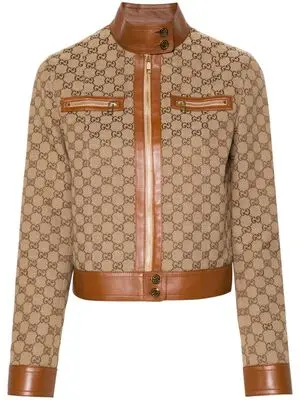 Gucci Gg-canvas Leather-trim Jacket - Neutrals