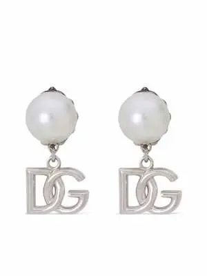 Dolce & Gabbana Dg Logo Pearl Embellished Drop Earrings - Silver