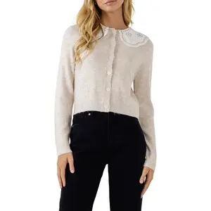 English Factory Eyelet Collar Cardigan - Beige