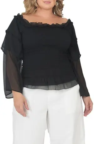 STANDARDS & PRACTICES Tiered Sleeve Smocked Top Black