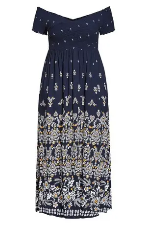 City Chic Off-the-shoulder Maxi Dress With Crochet Hem
