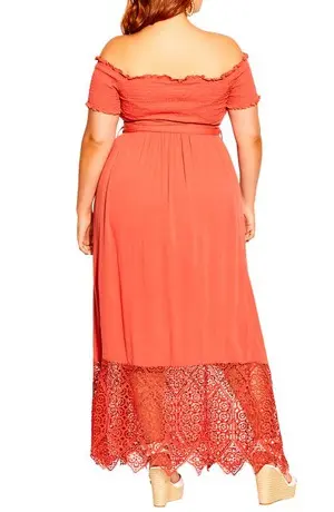 City Chic Off-the-shoulder Maxi Dress With Crochet Hem