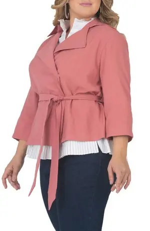 STANDARDS & PRACTICES Belted Cropped Jacket With Notched Lapels And 3/4 Sleeves