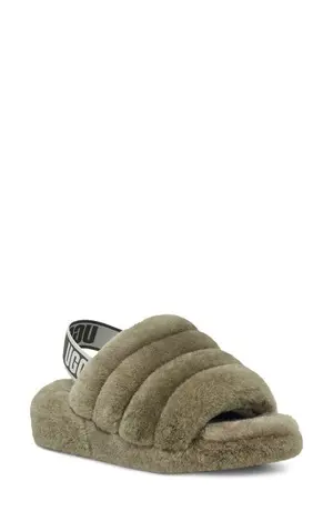 UGG UGG Fluff Yeah Genuine Shearling Slingback Sandal Burnt Olive