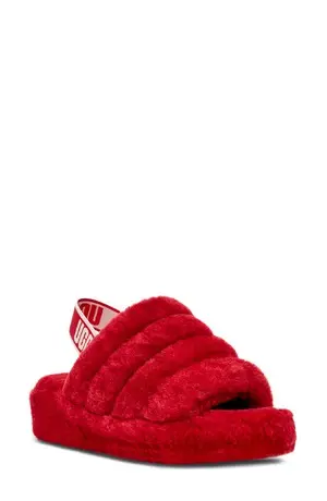 UGG UGG Fluff Yeah Genuine Shearling Slingback Sandal Ribbon Red