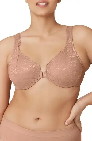 GLAMORISE Wonderwire® Front Close Stretch Lace Underwire Bra Cafe Au Lait