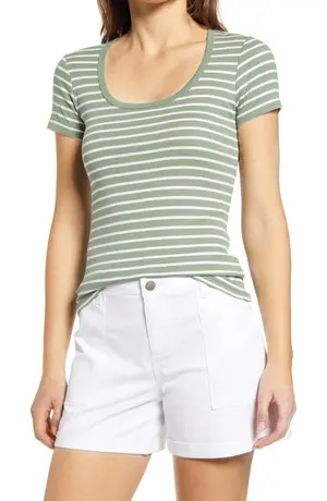 Caslon Short Sleeve Scoop Neck Tee Green- Ivory Stripe