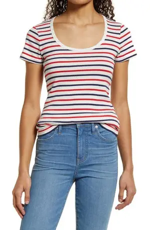 Caslon Short Sleeve Scoop Neck Tee Ivory- Red Navy Whitley Stripe