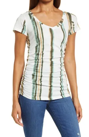 Caslon Shirred V-neck Tee Ivory- Green Watercolor Stripe