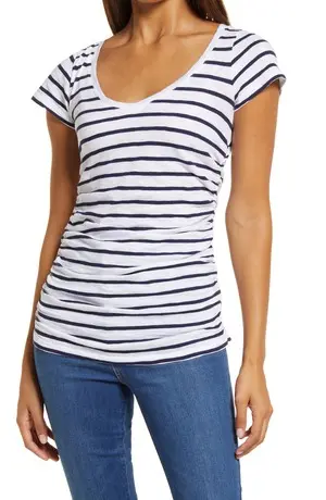 Caslon Shirred V-neck Tee White- Navy Stripe