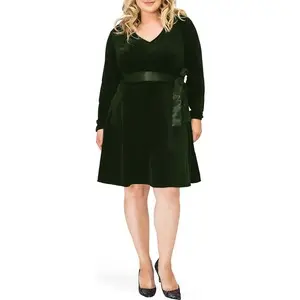 STANDARDS & PRACTICES Millie V-neck Stretch Velvet Fit & Flare Dress - Green