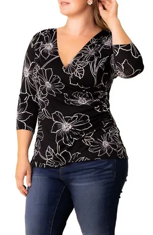 KIYONNA Faux-wrap Top - Black Florals
