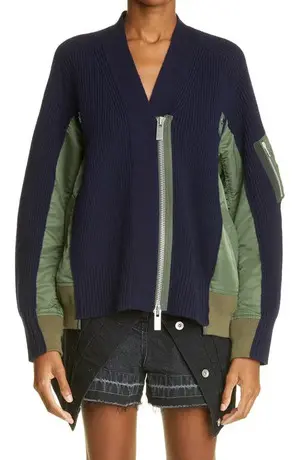Sacai Hybrid Wool & Nylon Twill Ma-1 Sweater Jacket Navy