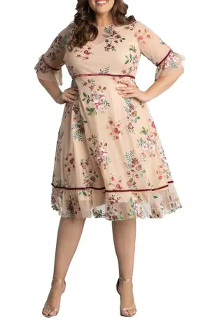 KIYONNA Kiyonna Wildflower Embroidered Fit-and-Flare Dress Nude Blush