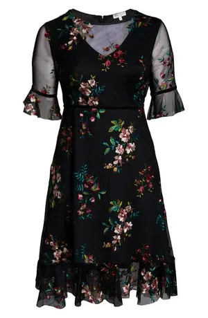KIYONNA Wildflower Embroidered Fit-and-flare Dress - Onyx