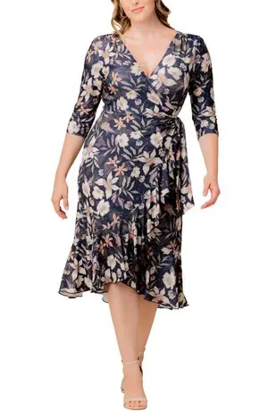 KIYONNA Kiyonna Flirty Flounce Wrap Dress Navy Multi