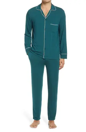 Eberjey William Stretch Tencel® Modal Long Pajamas Evergreen/ Ivory