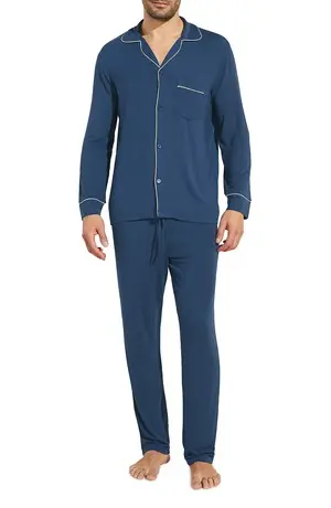 Eberjey William Stretch Tencel® Modal Long Pajamas Indigo Blue/ Ivory