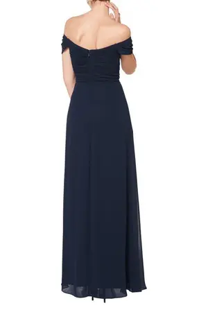 #LEVKOFF Off The Shoulder Chiffon A-line Gown - Navy