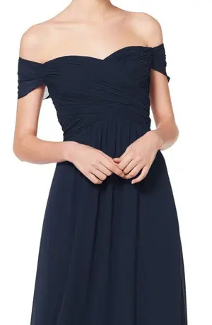 #LEVKOFF Off The Shoulder Chiffon A-line Gown - Navy