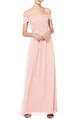 #LEVKOFF Off The Shoulder Chiffon A-Line Gown Petal Pink