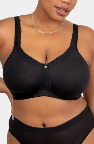 CURVY COUTURE Lace Trim Wireless Bra - Black On Black