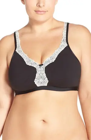 CURVY COUTURE Lace Trim Wireless Bra - Black