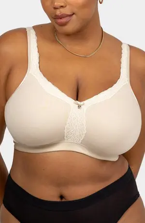 CURVY COUTURE Lace Trim Wireless Bra - Natural