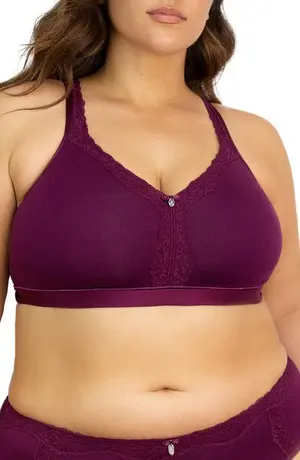 CURVY COUTURE Lace Trim Wireless Bra Purple Velvet