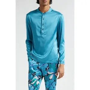 TOM FORD Henley Stretch Silk Pajama Shirt Aquamarine