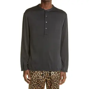 TOM FORD Henley Stretch Silk Pajama Shirt - Black