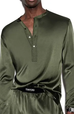 TOM FORD Henley Stretch Silk Pajama Shirt Deep Military