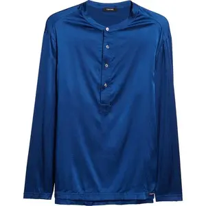 TOM FORD Henley Stretch Silk Pajama Shirt Ocean Blue