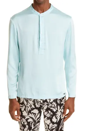 TOM FORD Henley Stretch Silk Pajama Shirt Sky